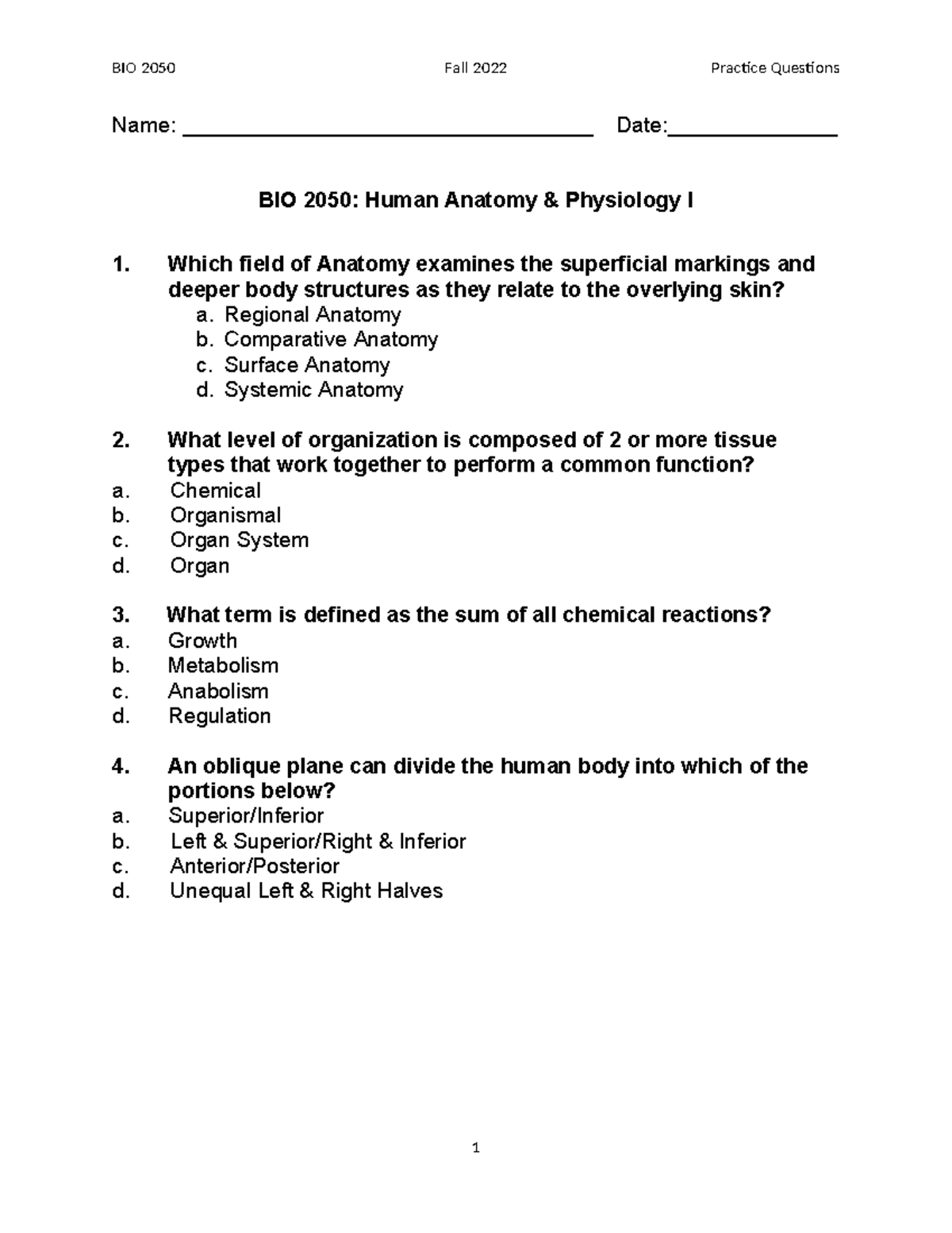 BIO 2050 Fall 2022 Study Questions: Human Anatomy & Physiology I - Studocu