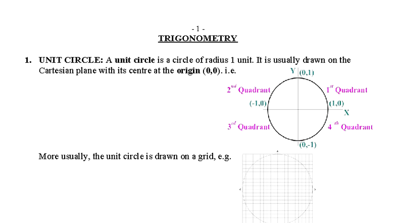 TRIGONOMETRY 1: UNIT CIRCLE, TRIANGLES, AND FUNCTIONS NOTES - Studocu