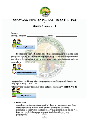 LAS 3 Fil 5 Q4 - learning activity sheets for Filipino 5 - SANAYANG PAPEL SA PAGKATUTO SA ...