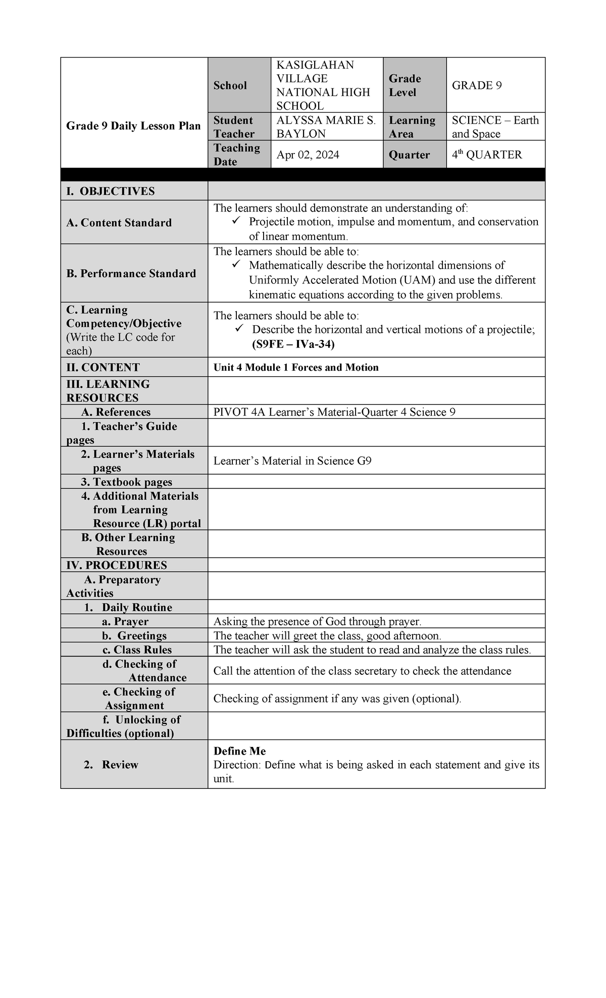 G9 Science Daily Lesson Plan on Projectile Motion and UAM - Studocu