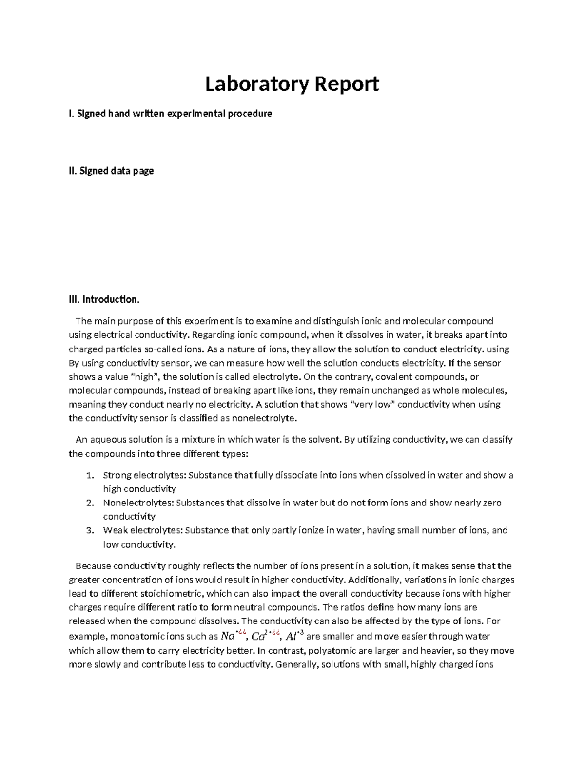 Conductivity Lab Report I: Analyzing Ionic vs. Molecular Compounds ...