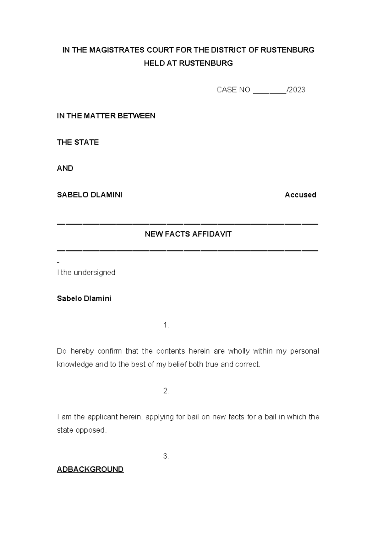 Affidavit for Bail Application on New Facts - Case No _________ - Studocu
