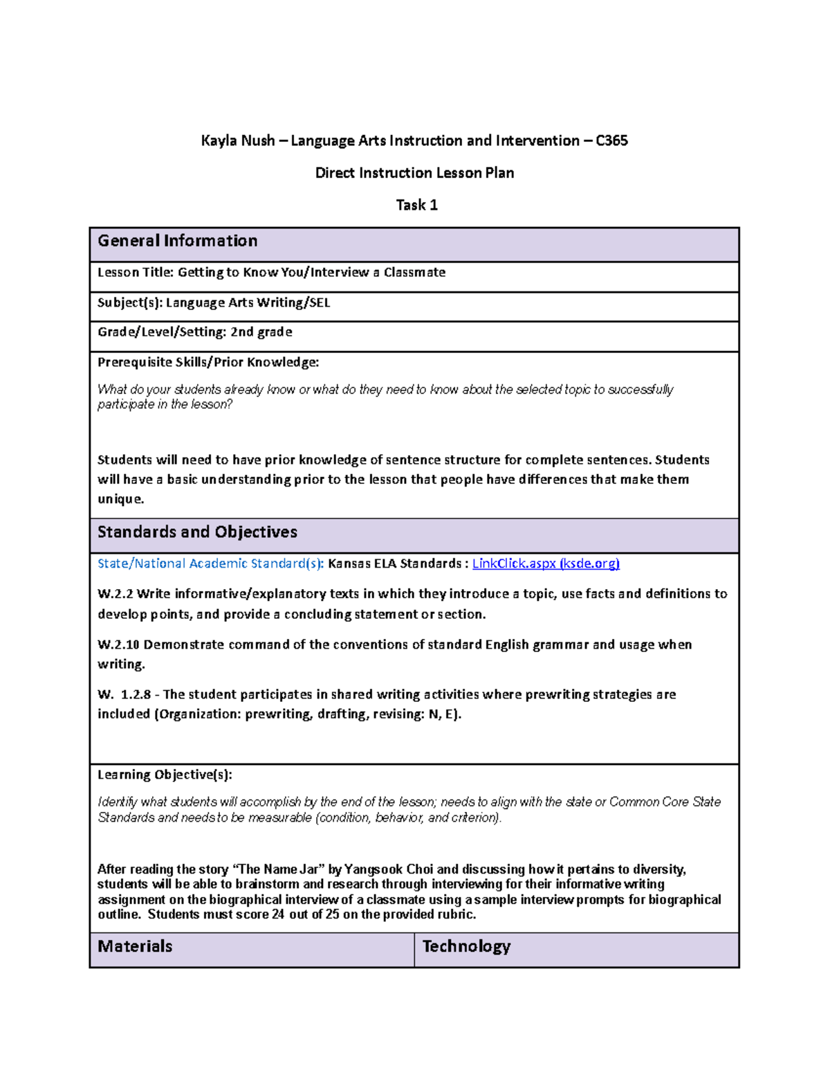 Language Arts Intervention Task C365 Task 1 - Kayla Nush – Language Arts Instruction and - Studocu