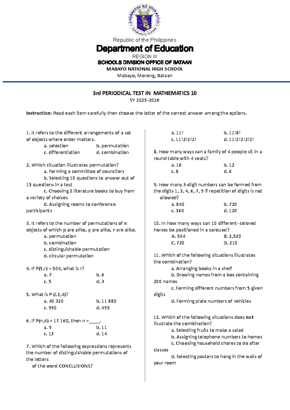 3rd Quarter Periodical Test in Mathematics 10 (SY) - Studocu