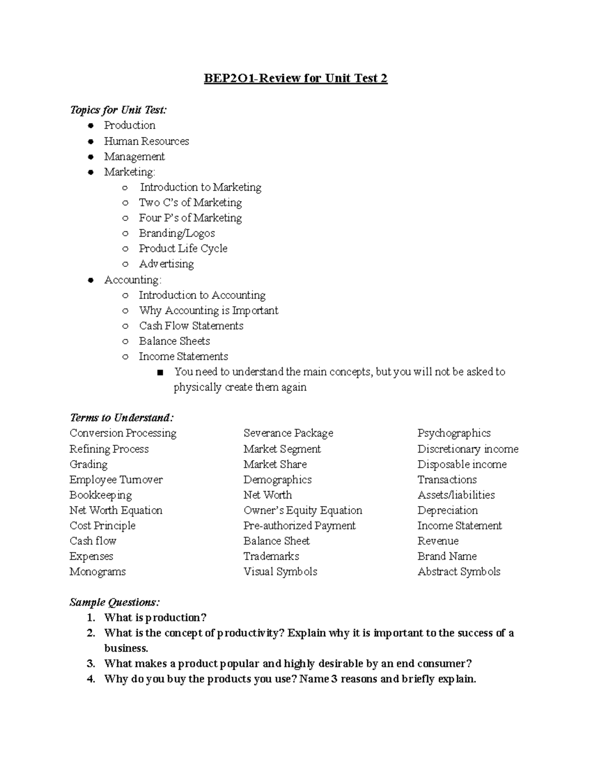 BEP2O1 Unit Test 2 Review: Key Topics & Sample Questions - Studocu