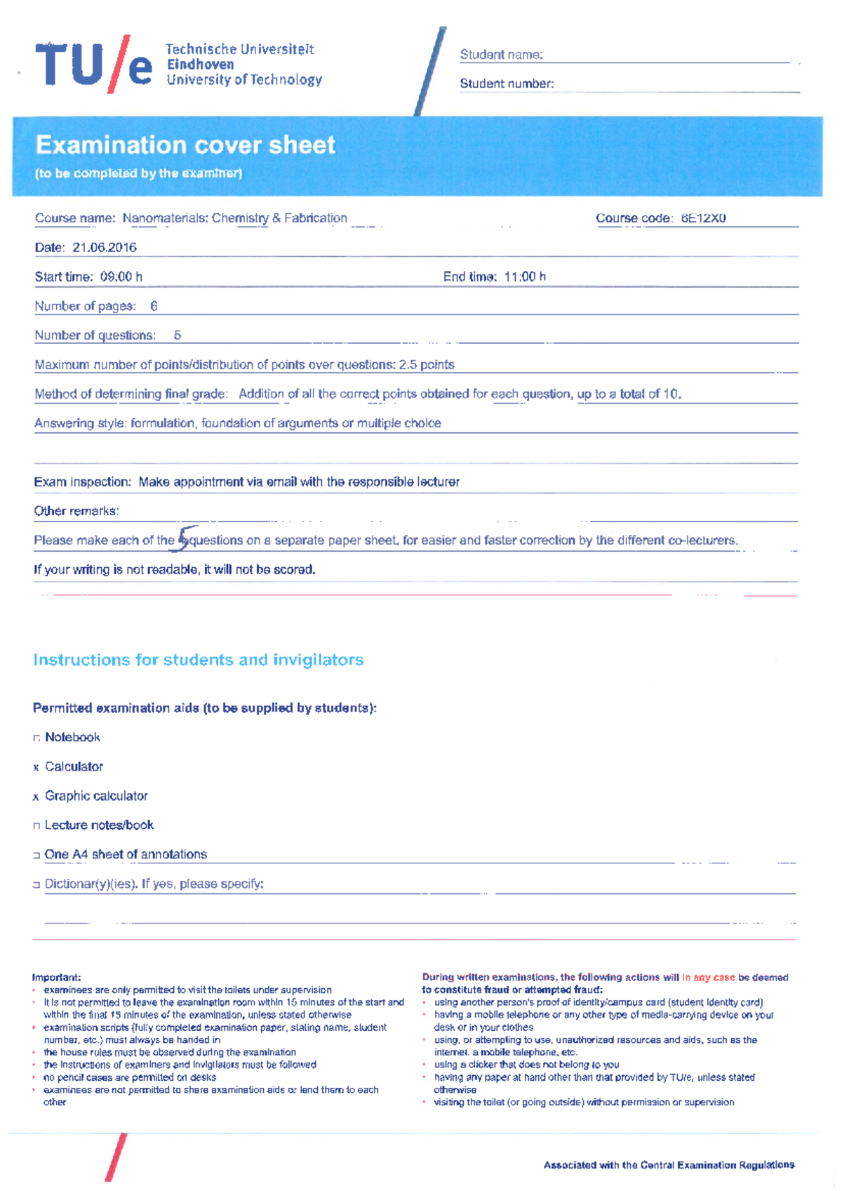 Final Exam 6E12X0: Nanomaterials Chemistry Fabrication - 21 June 2016 ...