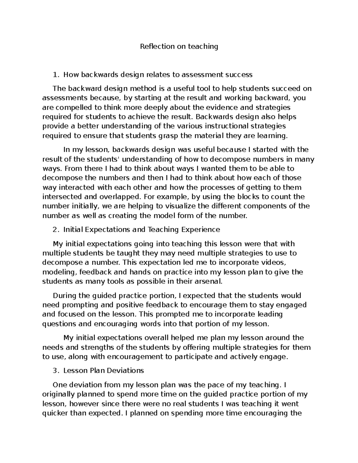 D658 Task 2 - Reflection on Backward Design in Teaching - Studocu