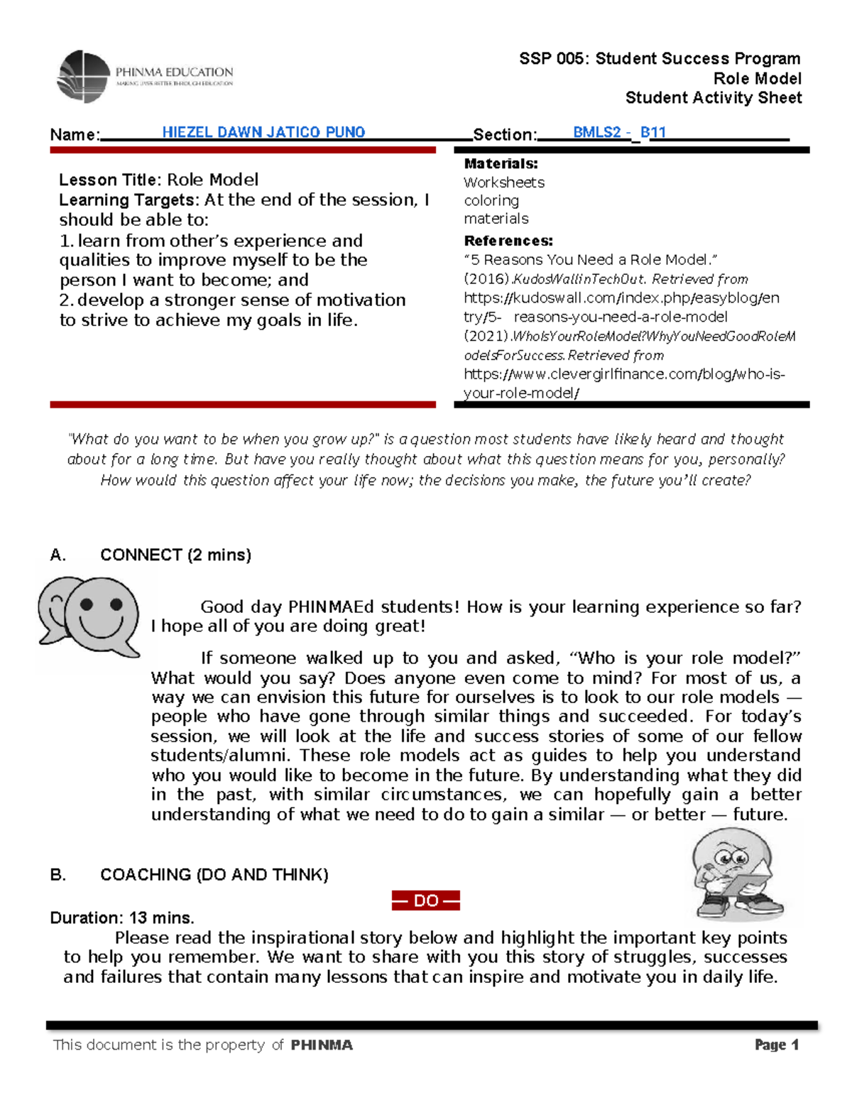 4-SSP005 Role Model Lesson Activity Sheet for Students - Studocu
