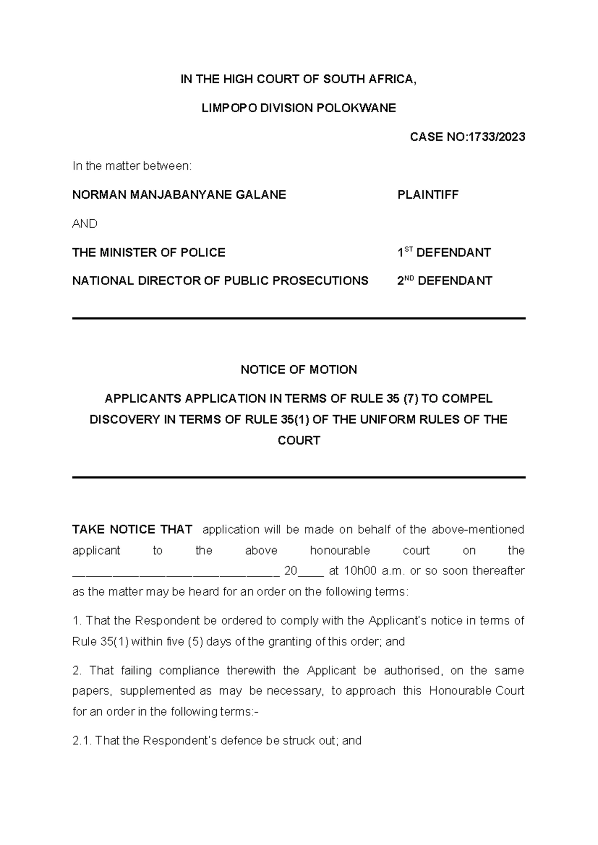 Notice of Appeal: Ben Brand vs. Metalworks (PTY) LTD - Case No. [Insert ...