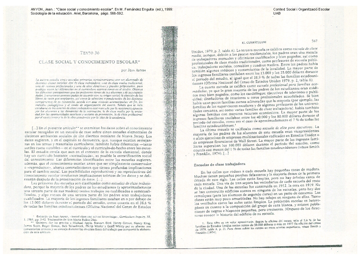 Jean Anyon (1999) Clase social y conocimiento escolar - Context Social ...