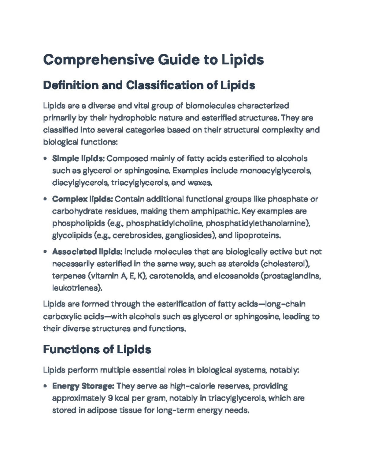 Comprehensive Overview of Lipids: Structures, Functions, and ...
