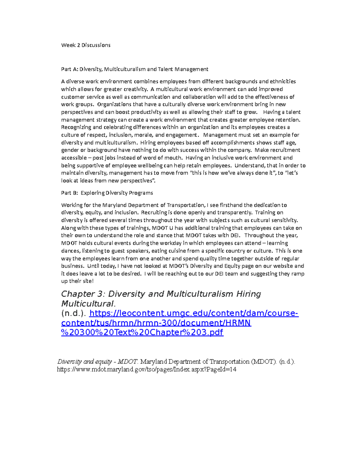 HRMN-300 Week 2 Discus: Diversity, Multiculturalism & Talent Mgmt - Studocu