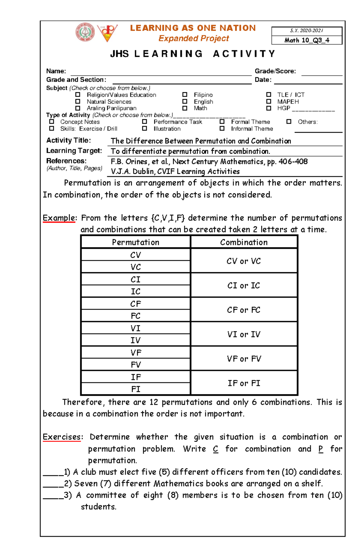 Chkd Math 10 LAS Q3 LAS 4-The Difference Between Permutation and Combination - LEARNING AS ONE ...