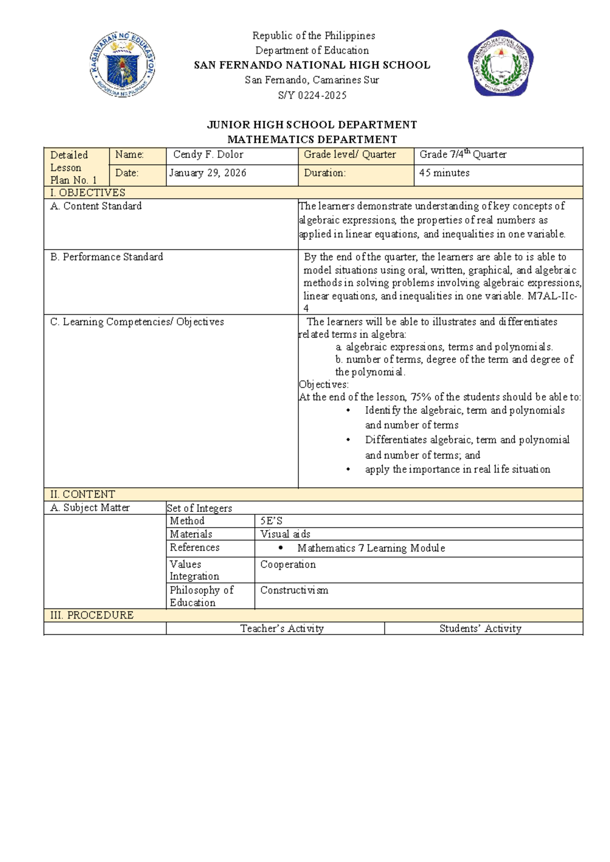 Detailed Lesson Plan on Algebra for JHS Math 7 - Jan 29, 2026 - Studocu