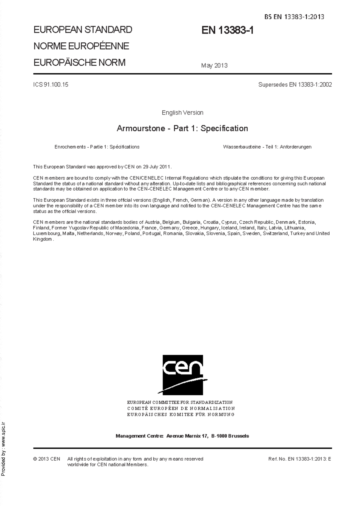EN 13383-1:2013 - Armourstone Part 1: Specification and Requirements ...