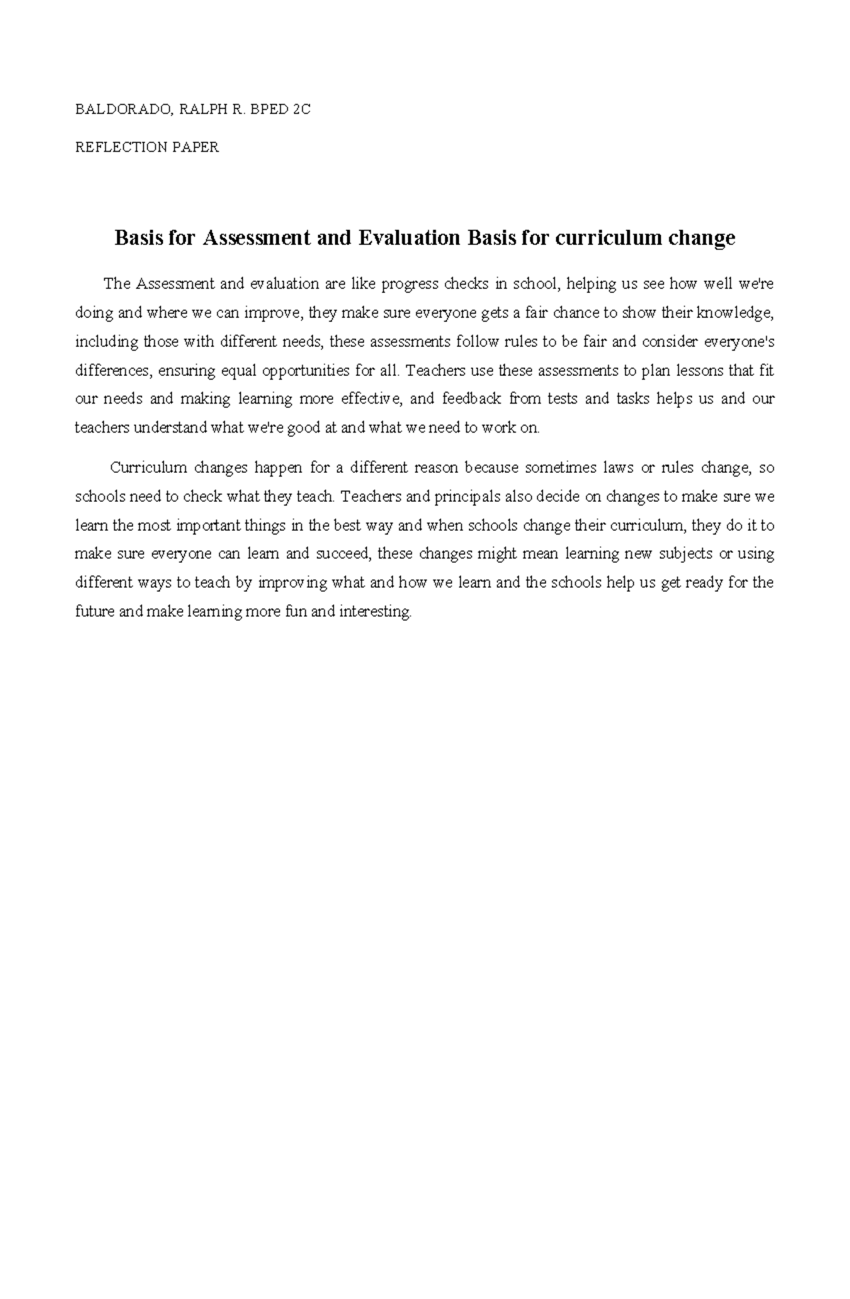 BPED 2C Reflection Paper on Assessment & Evaluation in Education - Studocu