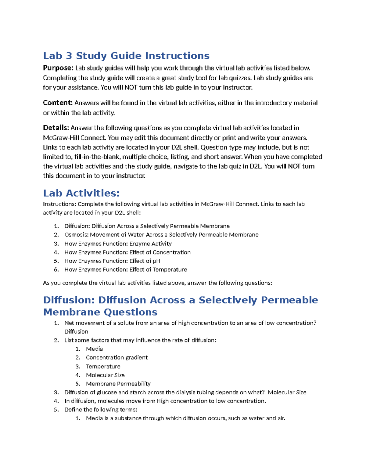 Lab 3 Study Guide: Diffusion, Osmosis & Enzyme Function Activities ...