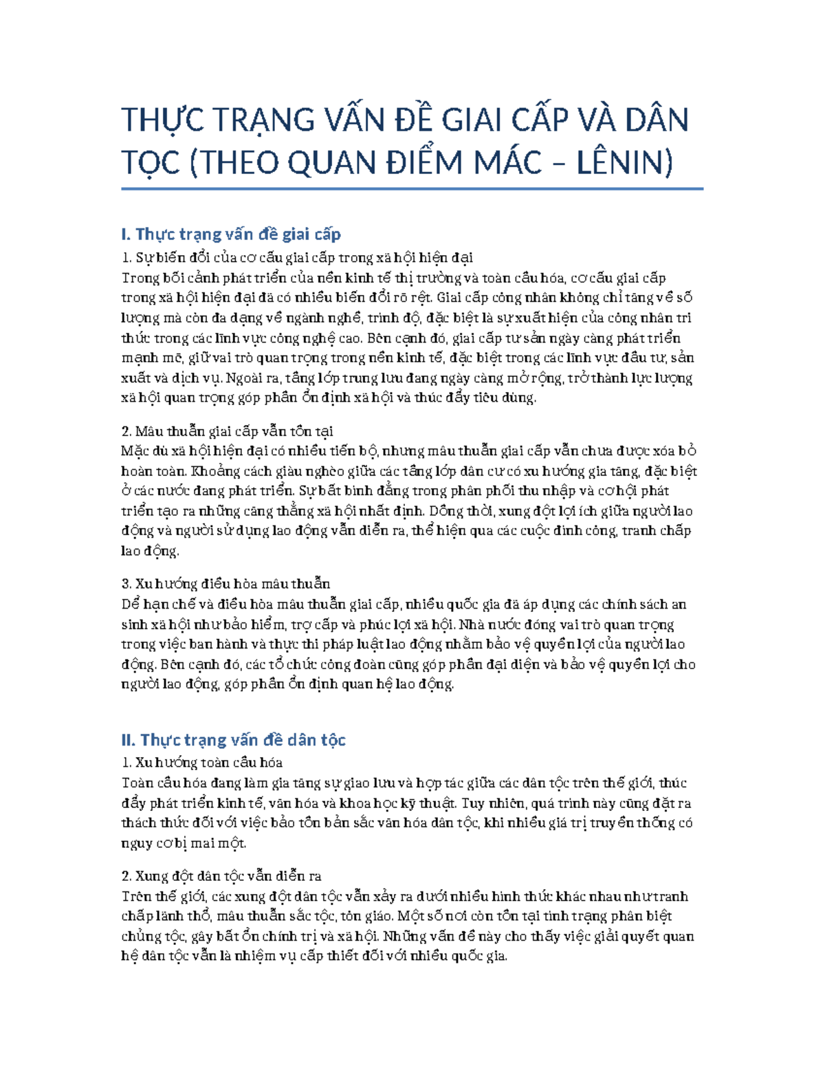 THỰC TRẠNG GIAI CẤP VÀ DÂN TỘC THEO QUAN ĐIỂM MÁC LÊNIN - Studocu