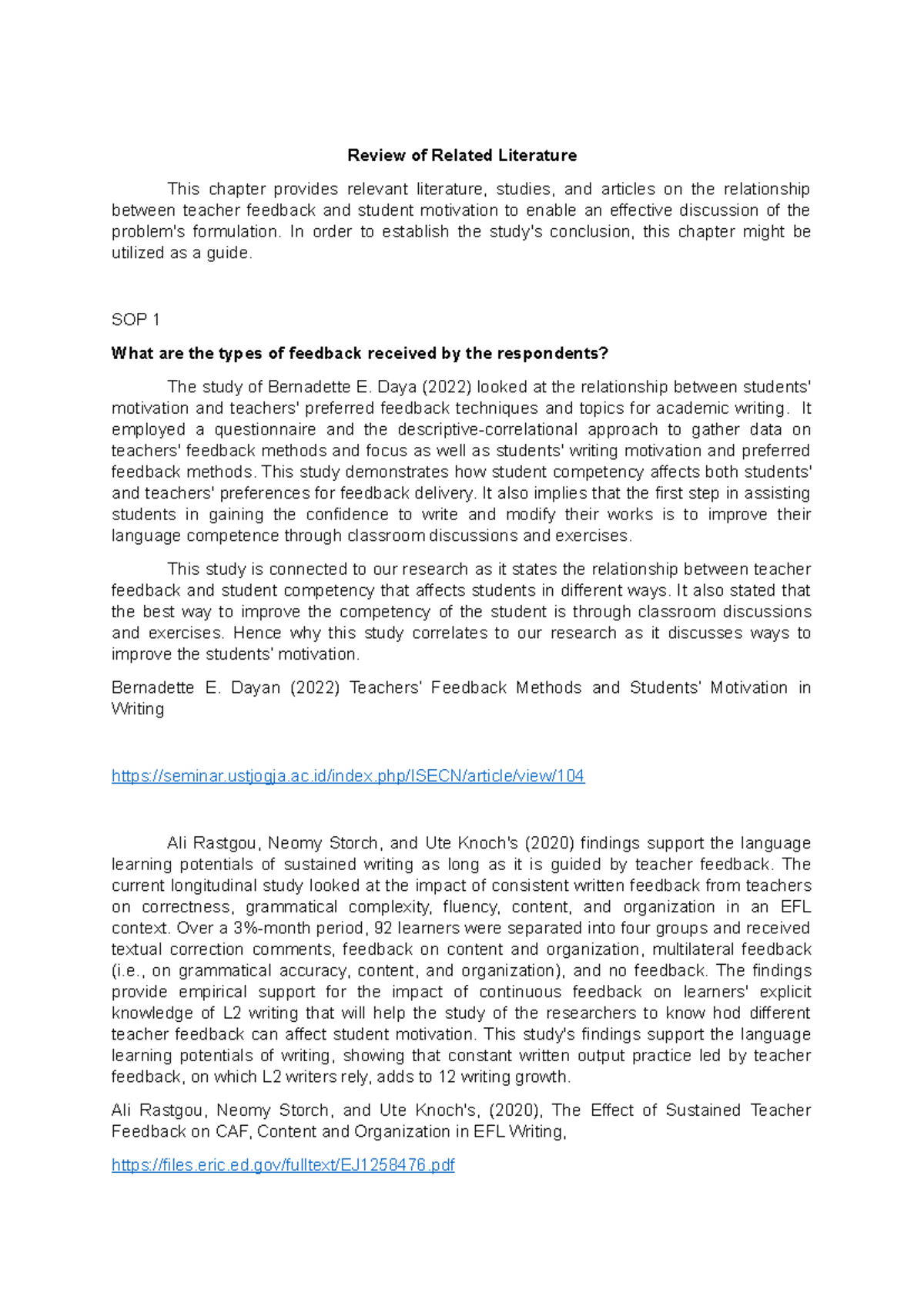 RRL PR2 - Teacher Feedback and Student Motivation: A Literature Review ...