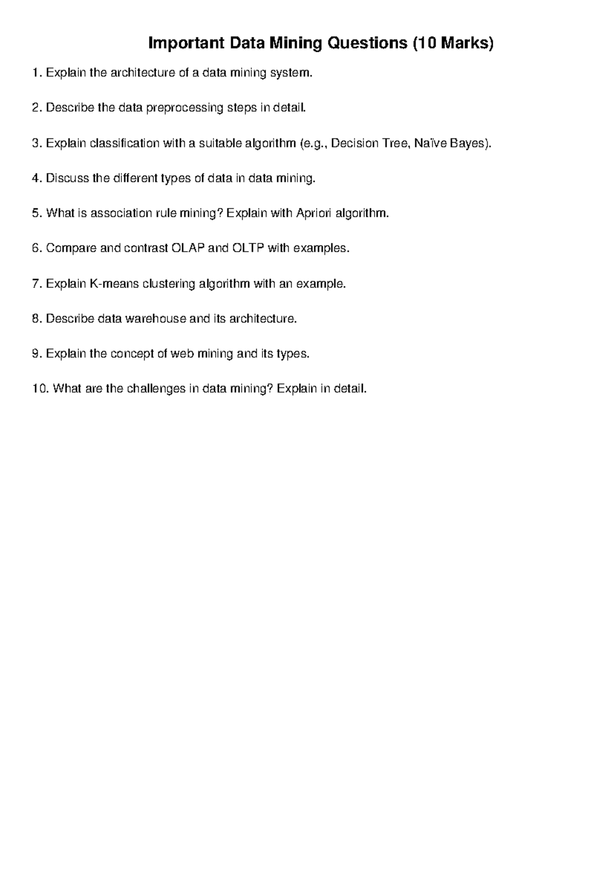 Data Mining Important Questions - Important Data Mining Questions (10 ...