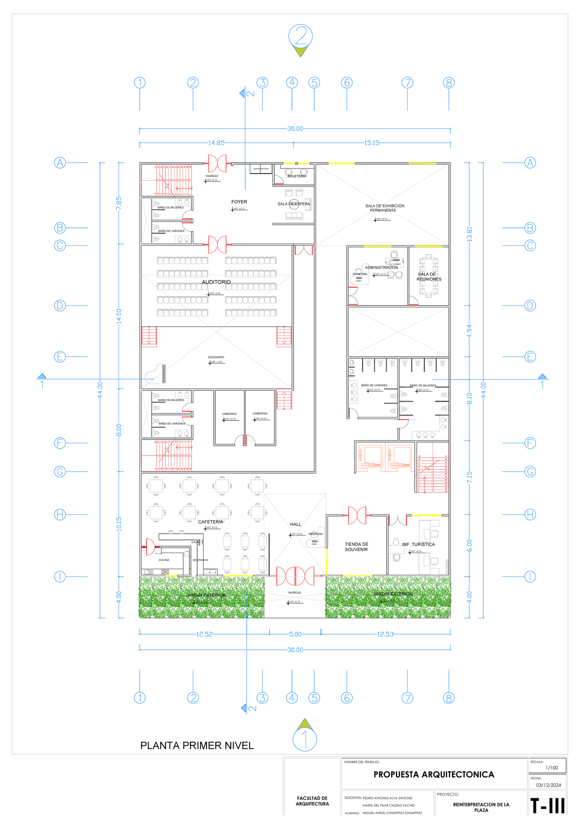 Planos Taller Proyecto Final - PLANTA PRIMER NIVEL NPT +/- 0. JARDIN EXTERIOR INGRESO NPT +0 ...
