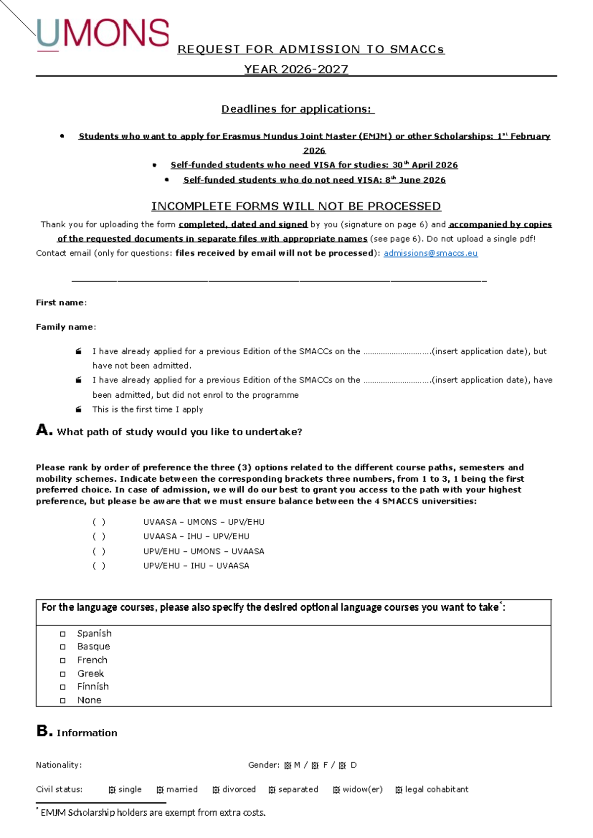 SMACCs Application Form for Erasmus Mundus Joint Master (EMJM) - Studocu