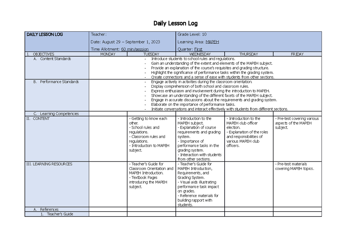Daily Lesson Log in MAPEH - Daily Lesson Log DAILY LESSON LOG Teacher ...