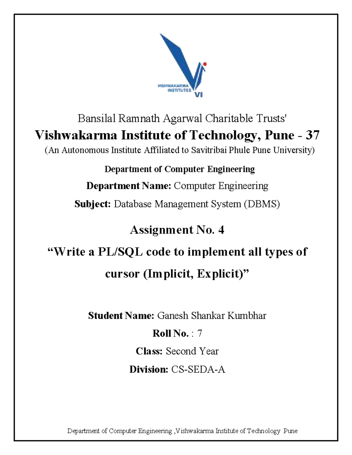 DBMS Assignment 4: Implementing Implicit & Explicit Cursors - Studocu