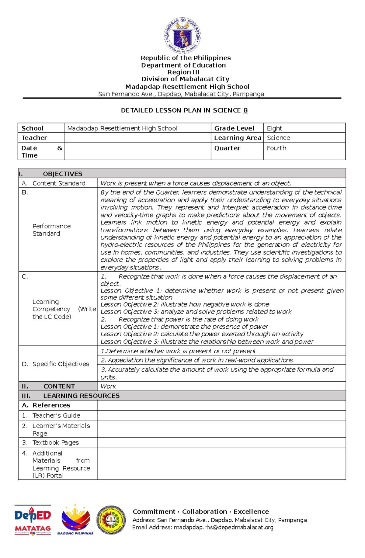Detailed Lesson Plan in Science 8: Work and Energy Concepts - Studocu
