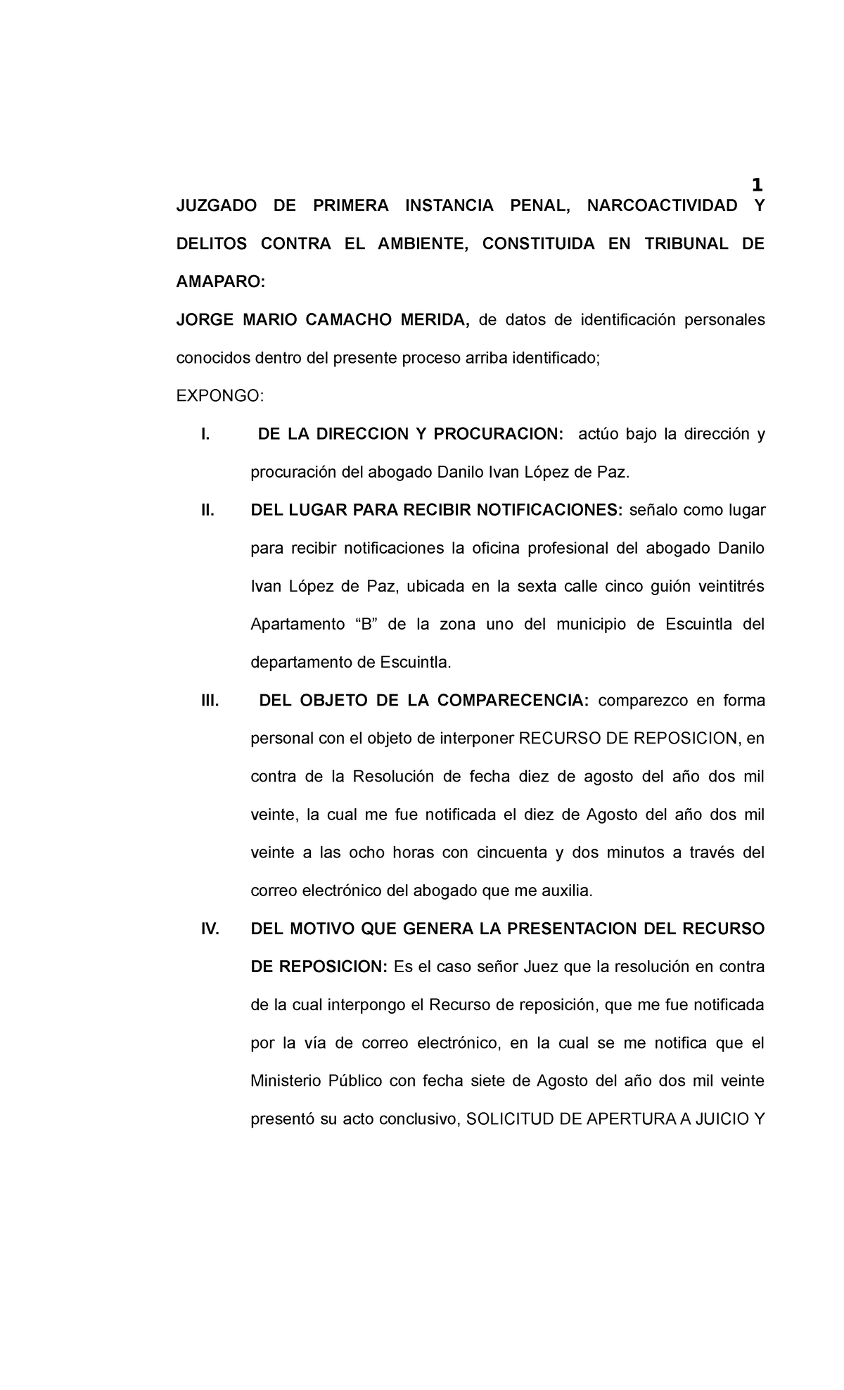 Recurso DE Reposicion - JUZGADO DE PRIMERA INSTANCIA PENAL, NARCOACTIVIDAD Y DELITOS CONTRA EL ...