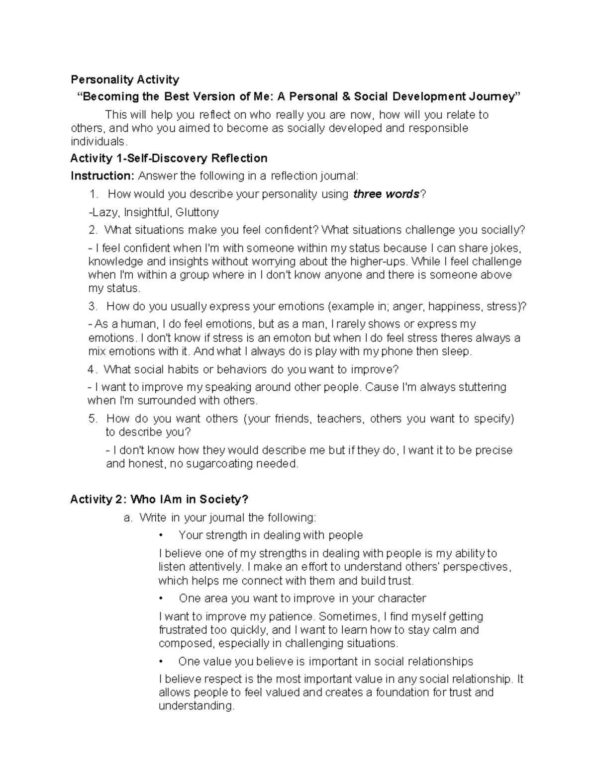 Personality Activity: The Best Version of Me - Reflection Journal - Studocu