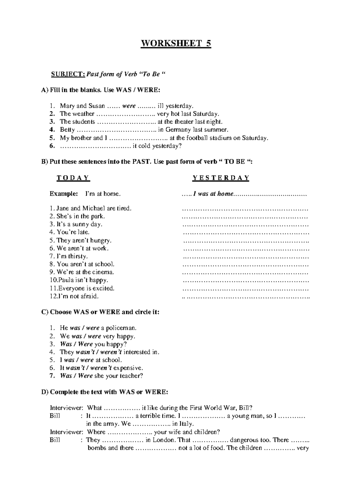 Past Simple Exercises for Verb "To Be" - Worksheets 5 to 7 - Studocu