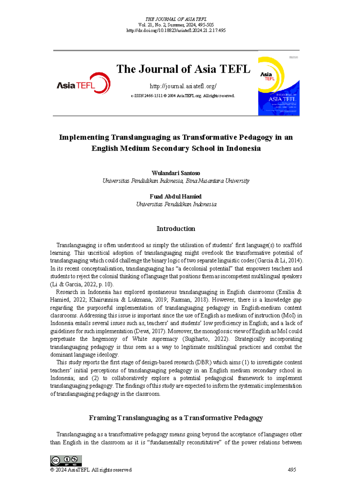 Asia TEFL V21 N2 Summer 2024: Translanguaging as Transformative ...