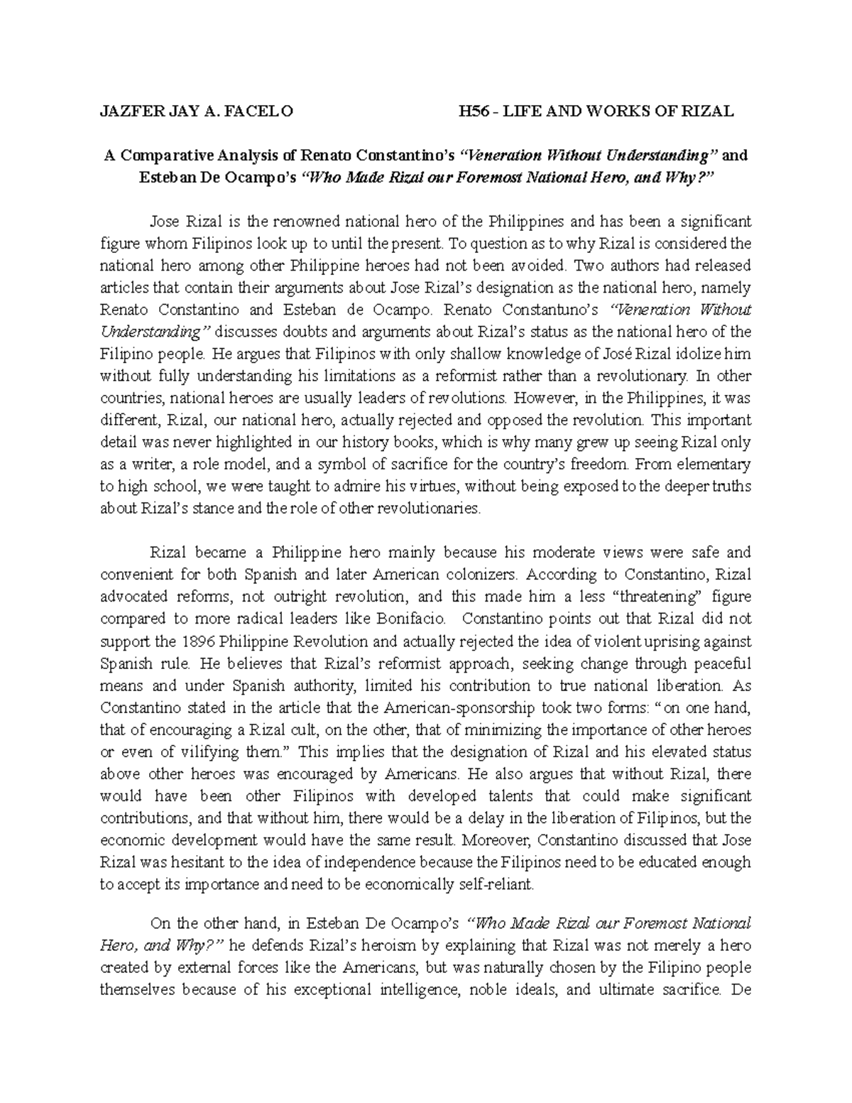 H56 Comparative Analysis of Rizal's Legacy: Constantino vs. De Ocampo ...