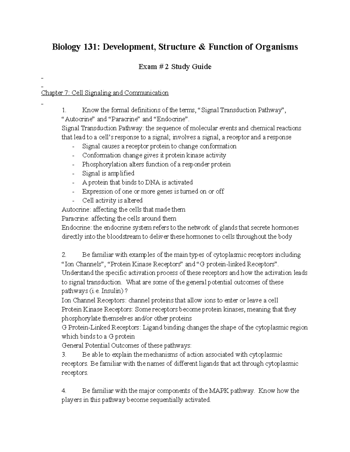 Exam 2 Study Guide - Cell signaling and communication - Biology 131 ...