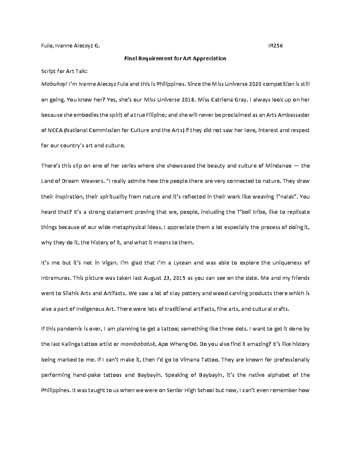 Example of Art Talk Script in Art Appreciation Class - AB Foreign ...
