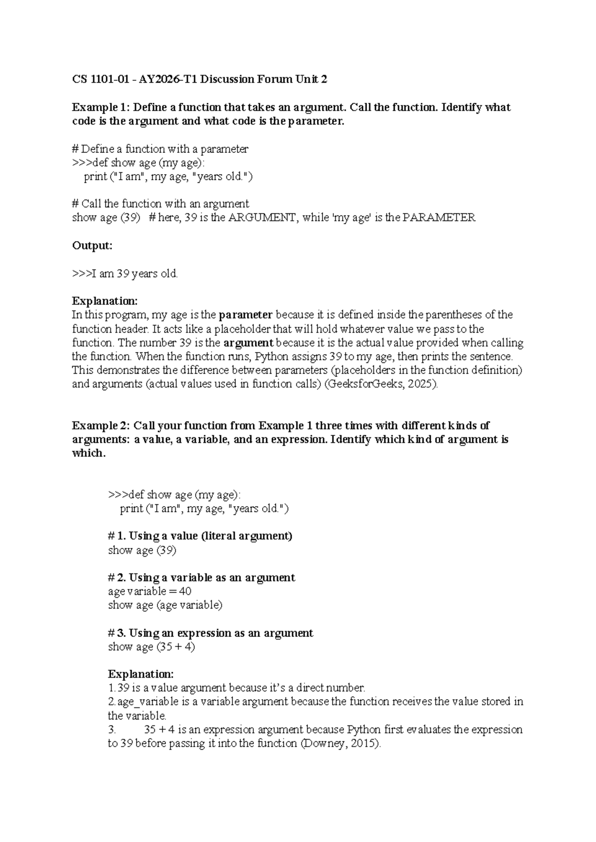 CS 1101-01 - AY2026-T Discussion Forum Unit 2: Functions & Arguments - Studocu