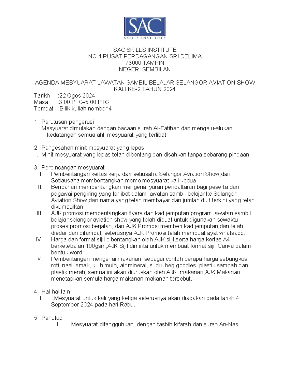 Agenda Mesyuarat 2 Luqman - SAC SKILLS INSTITUTE NO 1 PUSAT PERDAGANGAN ...