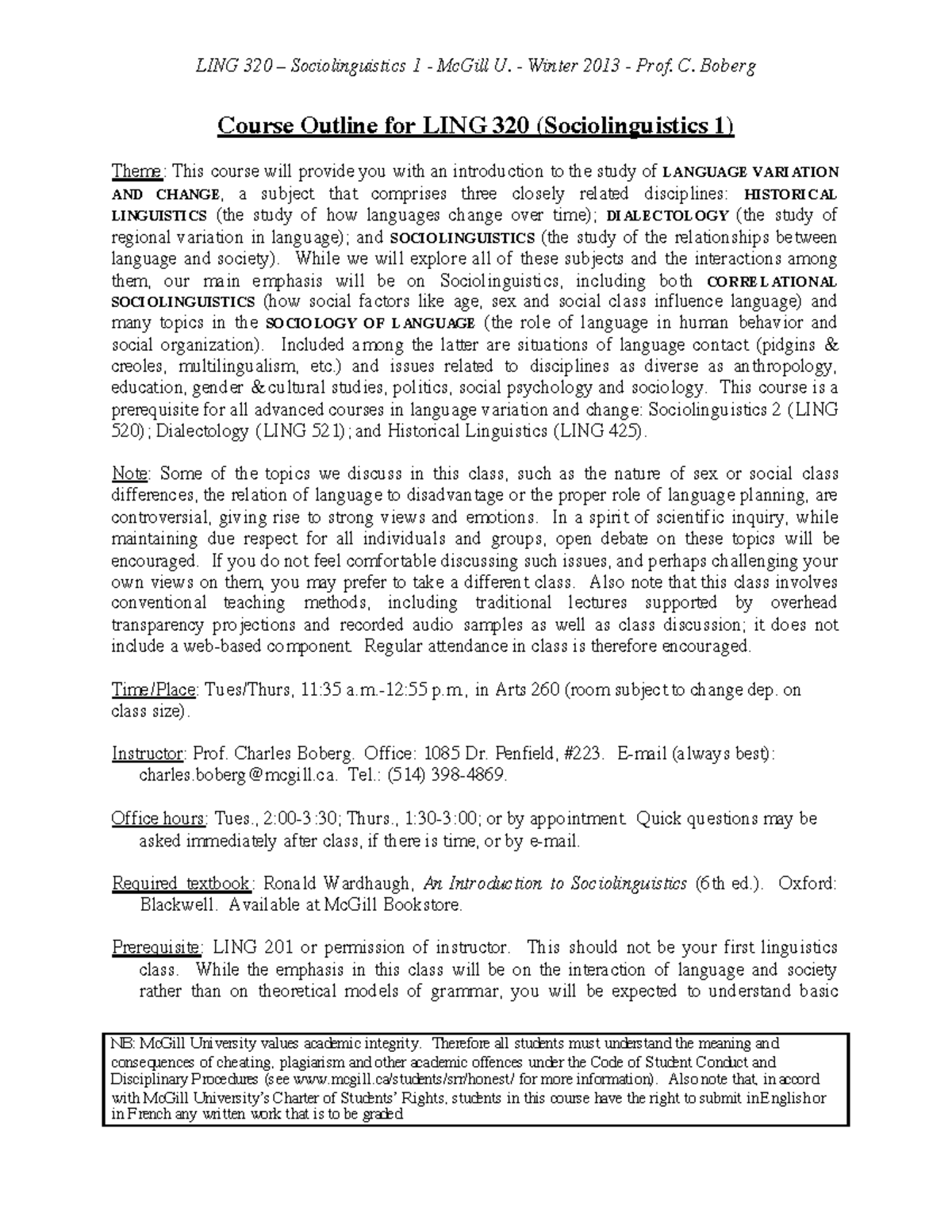 LING 320 Course Outline: Sociolinguistics 1 - McGill U. Winter 2013 ...