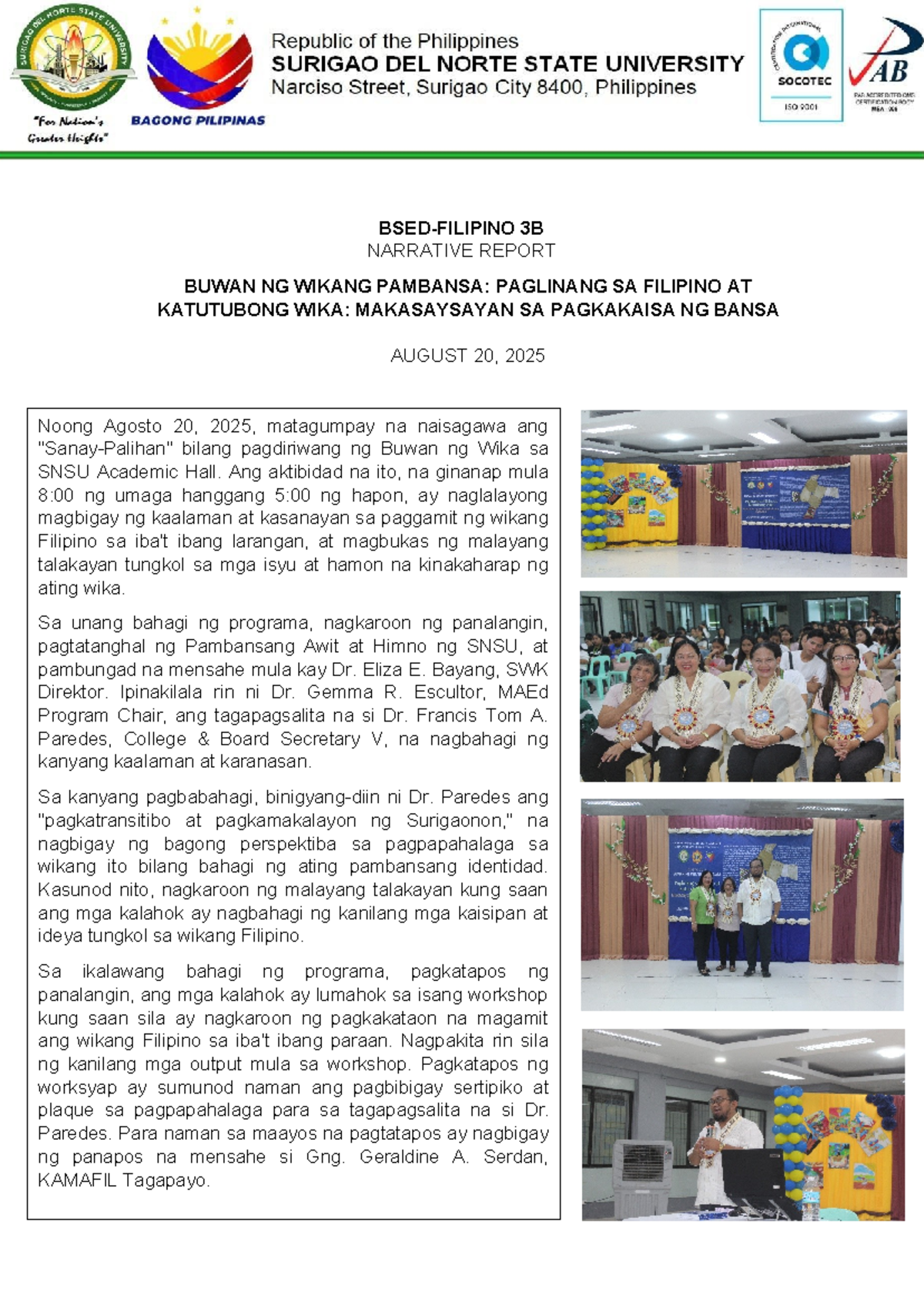 3B NARRATIVE REPORT: PAGDIRIWANG NG BUWAN NG WIKANG PAMBANSA 2025 - Studocu