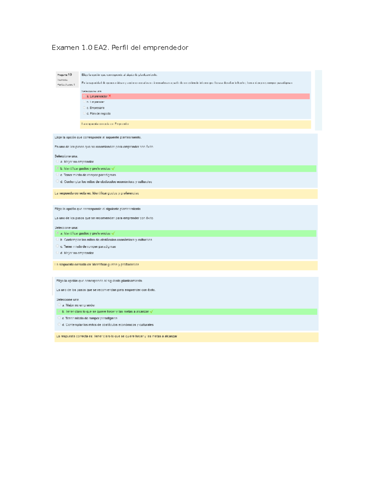 Examen 1 EA2: Perfil del Emprendedor y Respuestas Correctas - Studocu