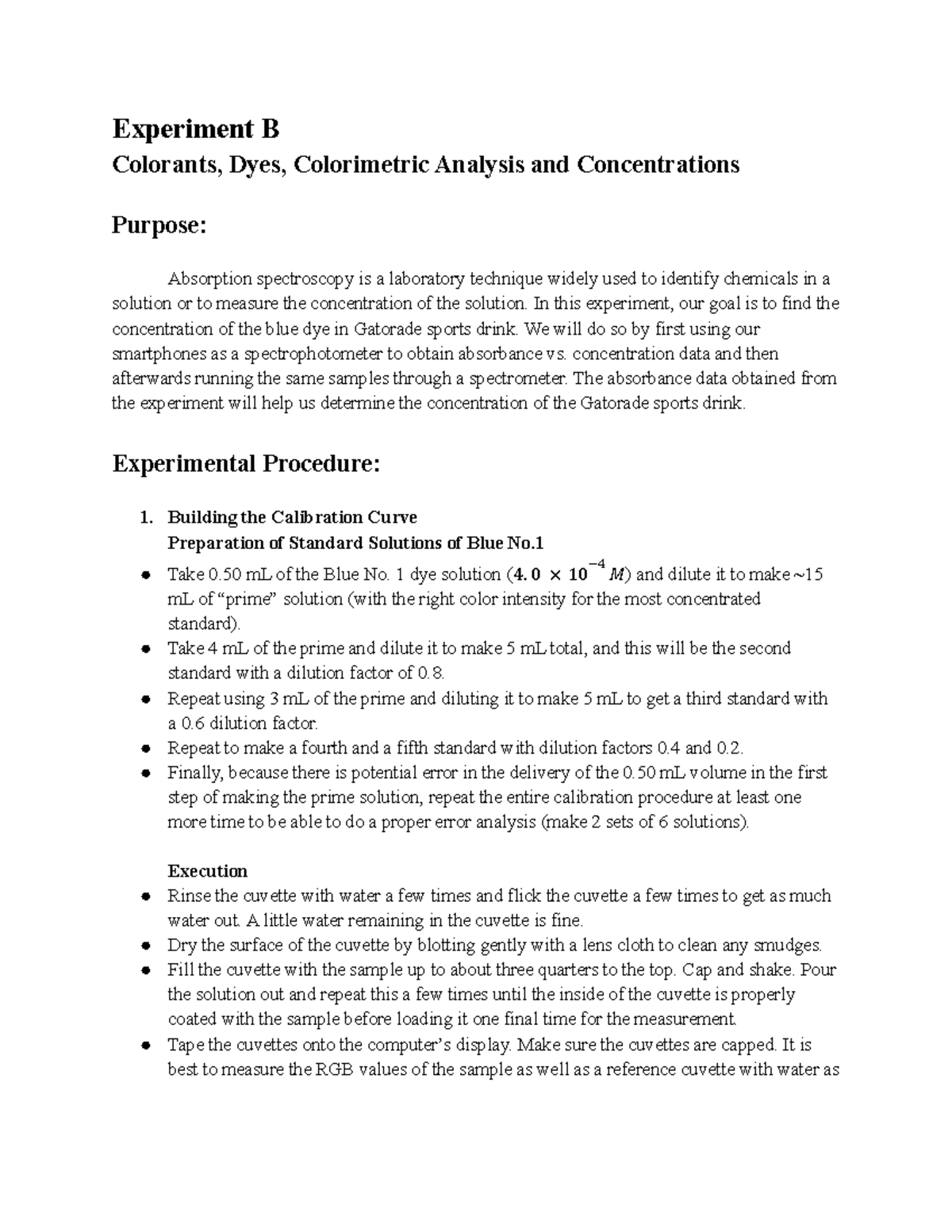 Experiment B: Colorimetric Analysis of Blue Dye in Gatorade - Studocu
