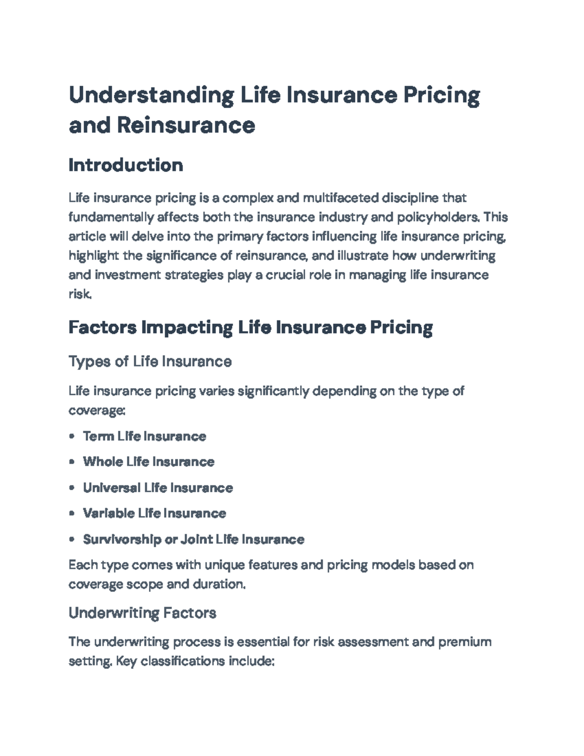 Understanding Life Insurance Pricing and Reinsurance Strategies ...