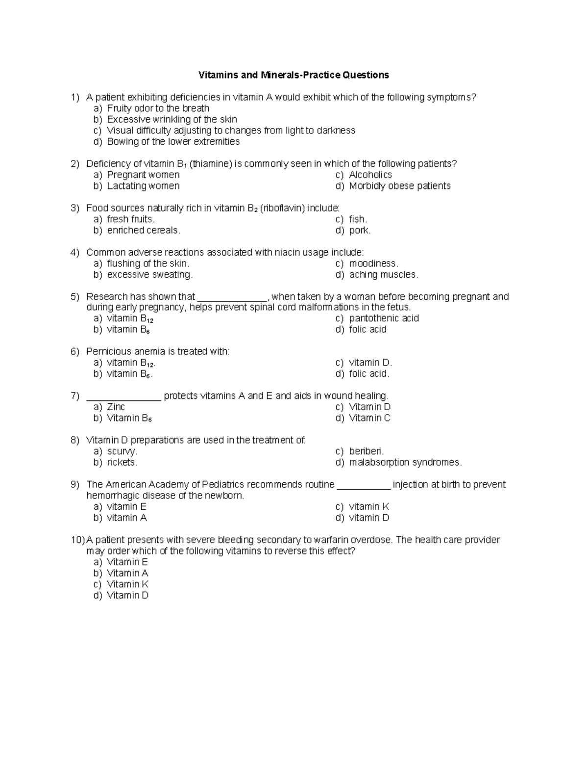 Vitamins and Minerals - Practice Questions & Answers (Study Guide ...