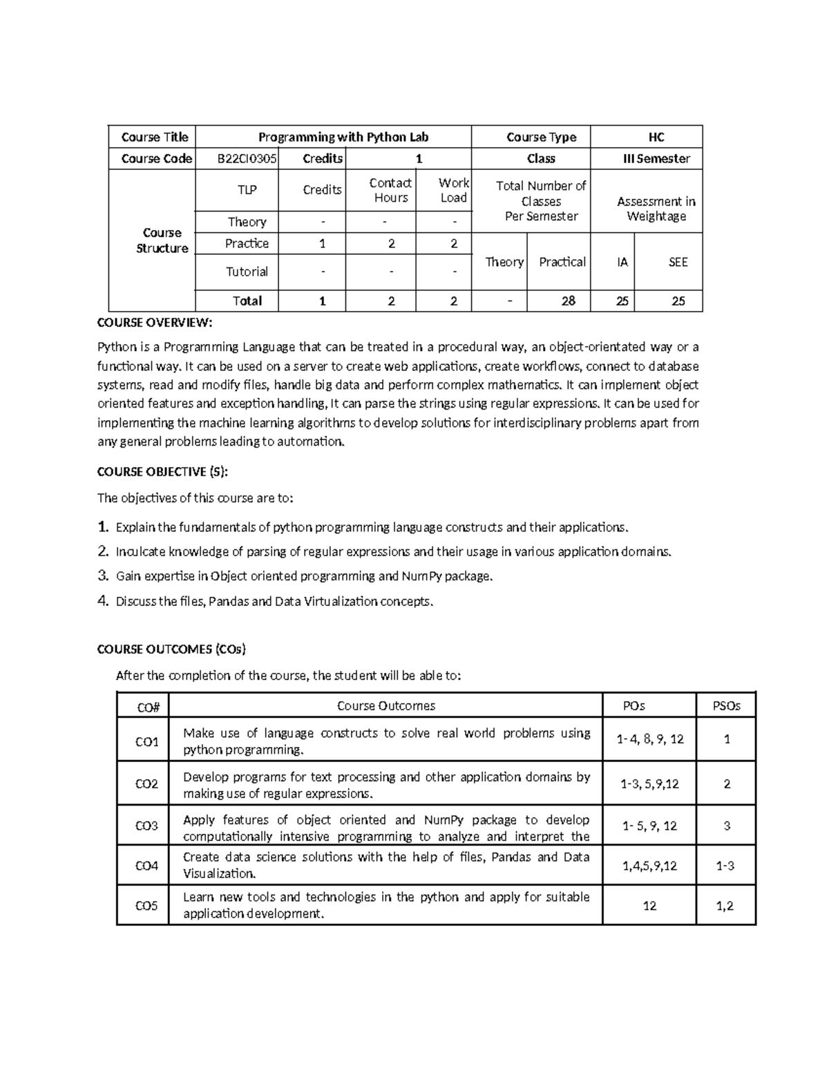 Python Lab Syllabus Updated FInal - Course Title Programming with ...
