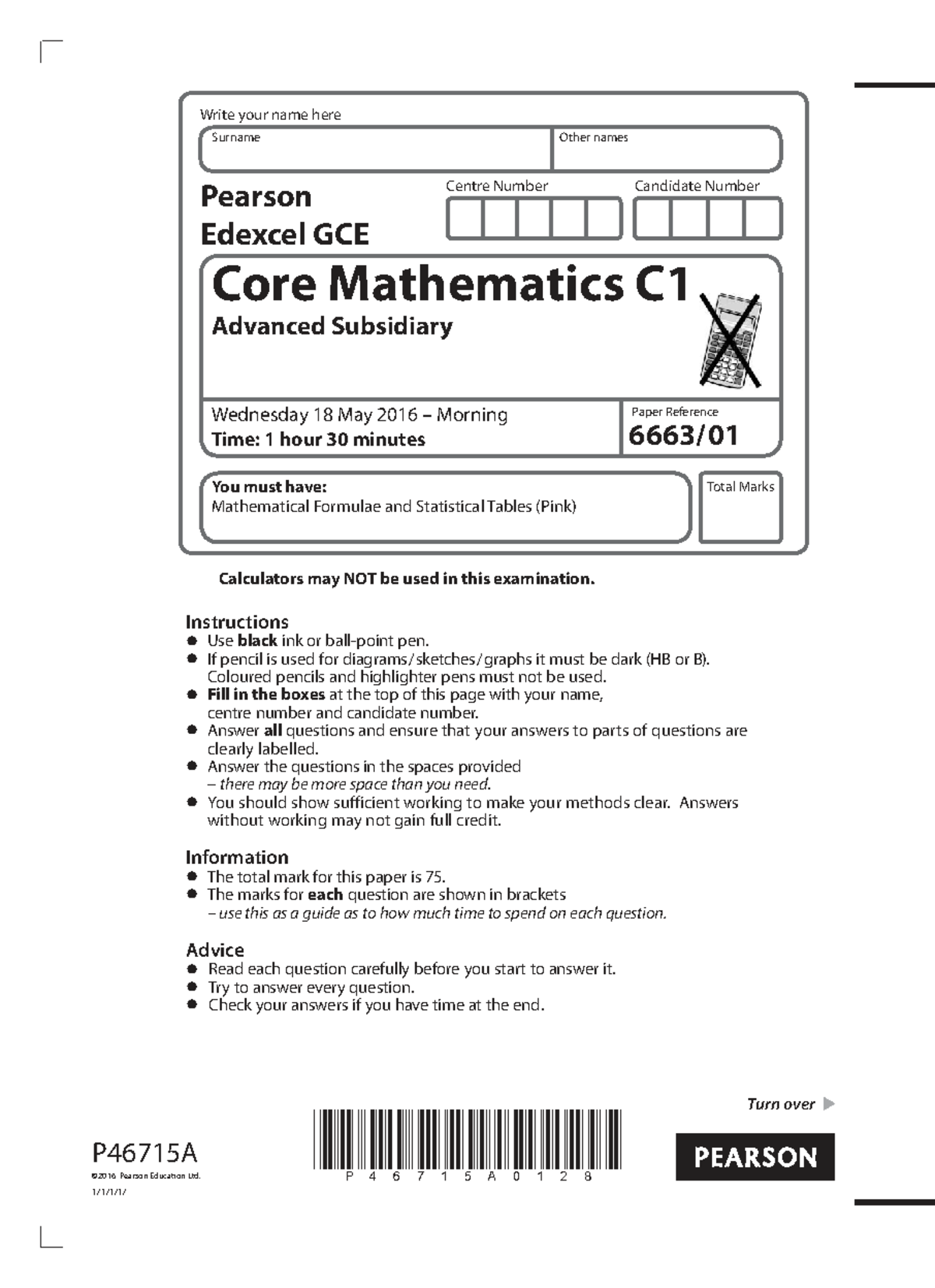 C1 May 2016 - Core Mathematics Practice Paper Exam Notes - Studocu