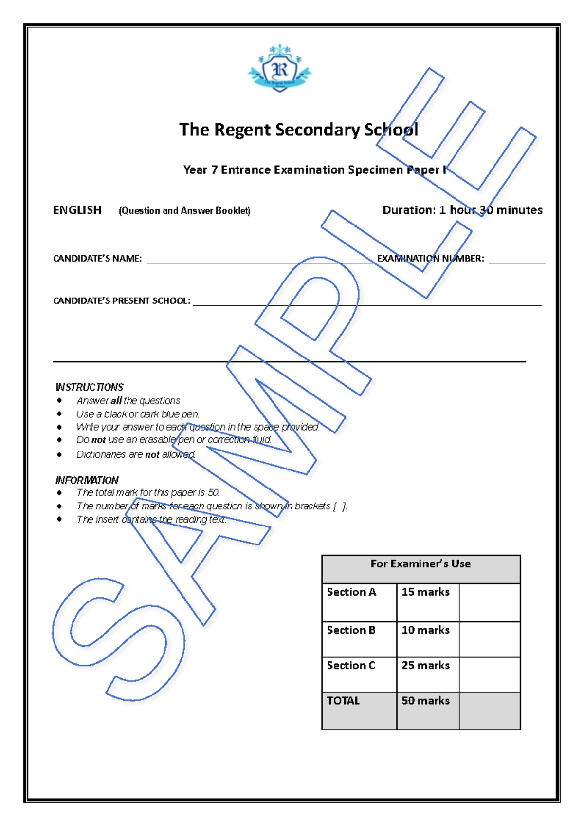 Year 7 Entrance Exam Specimen Paper I - English (Duration: 1.5 hrs ...