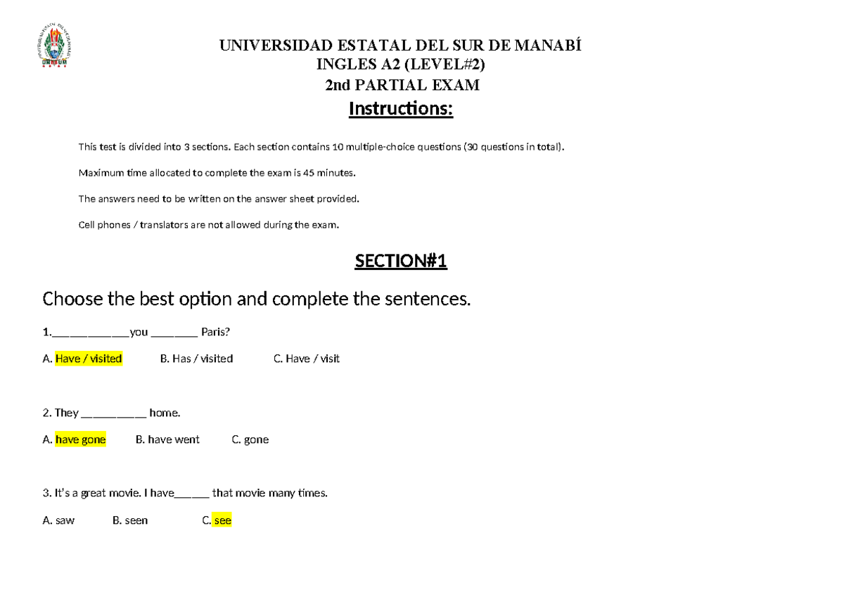 2nd Partial Exam - Ingles A2 (Level 2) - Practica Questions - Studocu