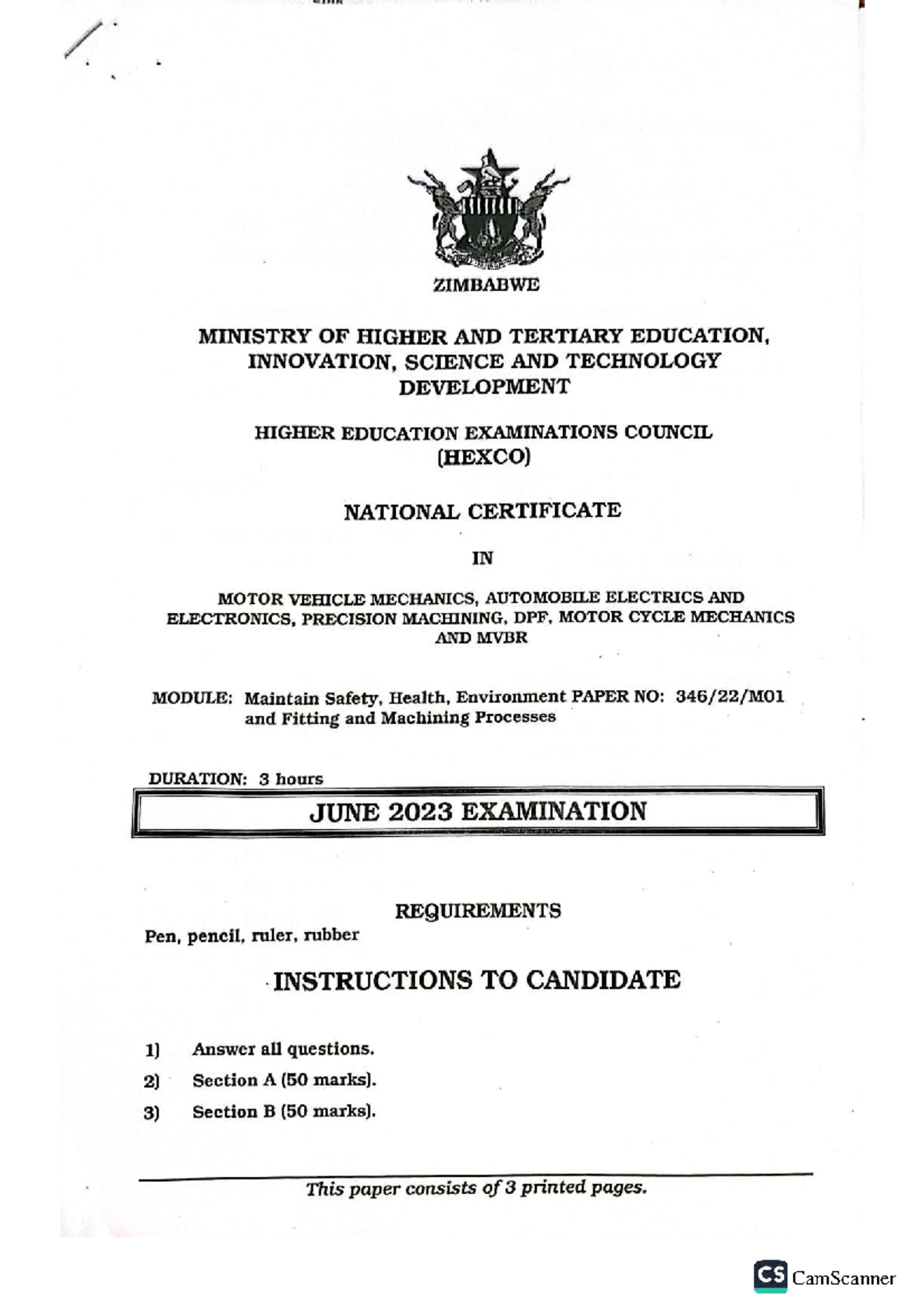 HEXCO National Certificate in Motor Vehicle Mechanics: SHE Exam Paper ...