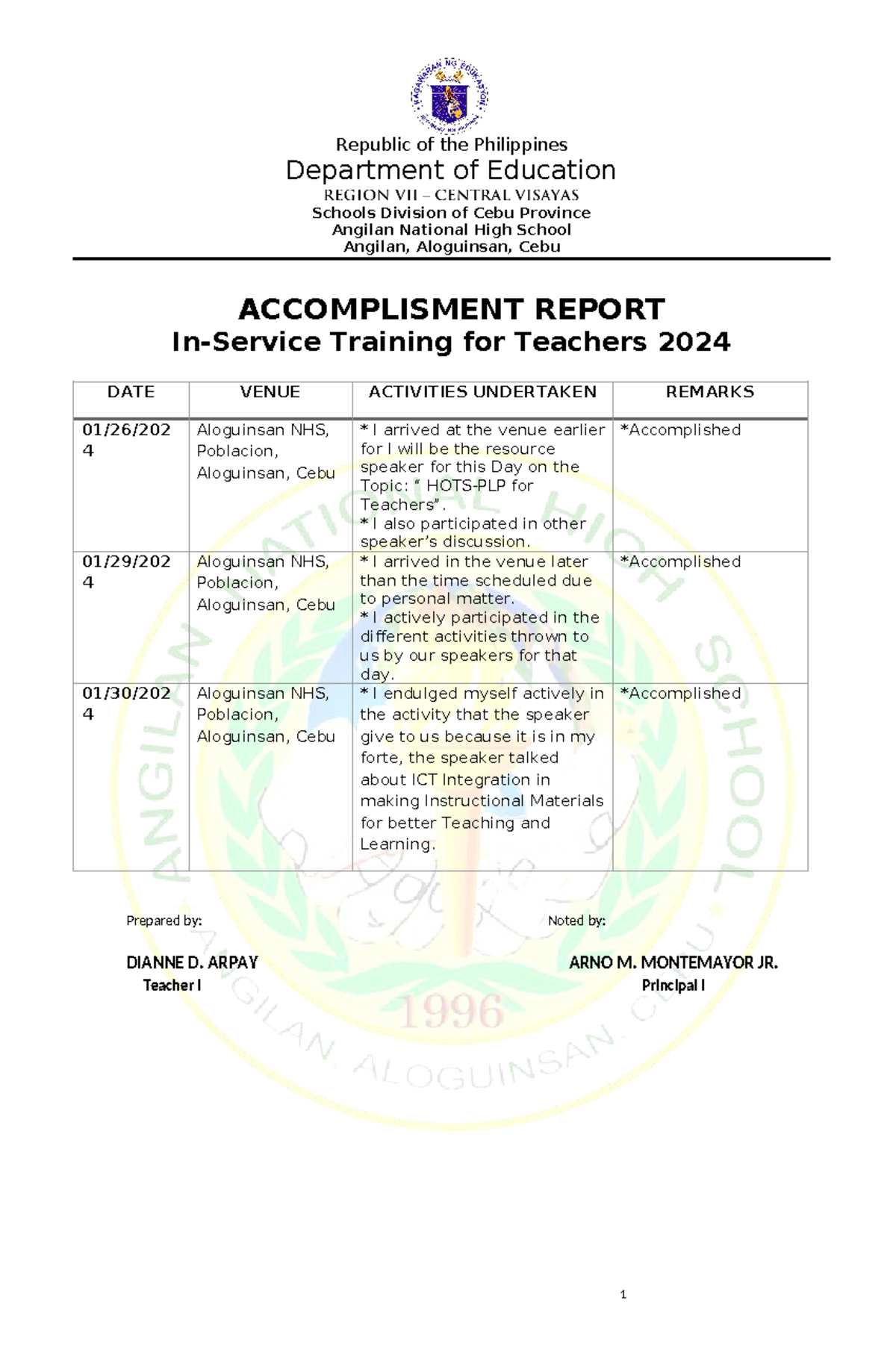 Accomplishment Report: In-Service Training for Teachers 2024 - Studocu
